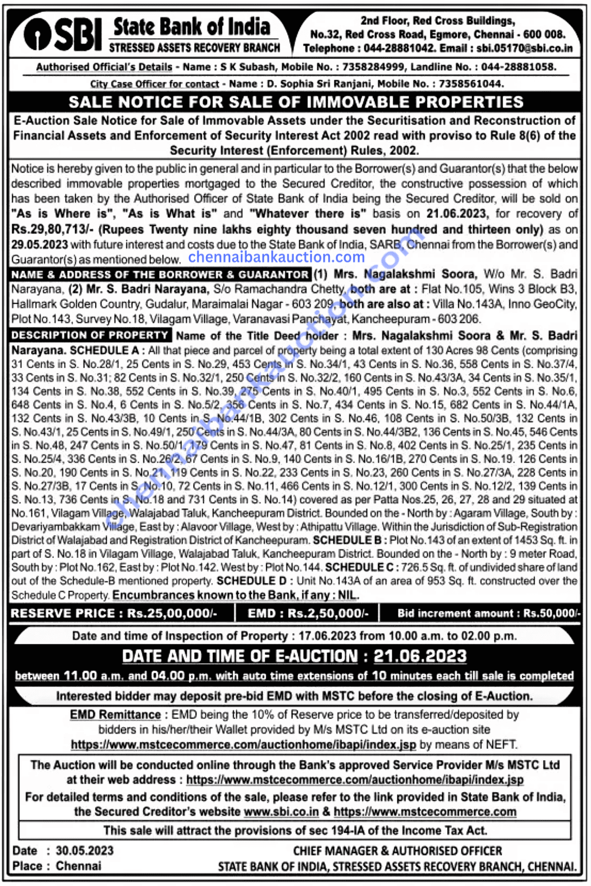 BANK AUCTION PROPERTIES - CHENNAI BANK AUCTION